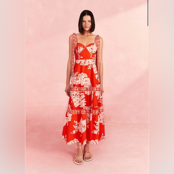 FARM Rio | Dresses | Nwt Farm Rio Red Lace Monsteras Midi Dress | Poshmark